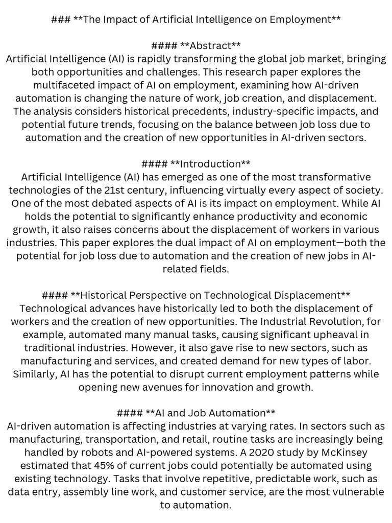 The Impact of Artificial Intelligence On Employment | PDF