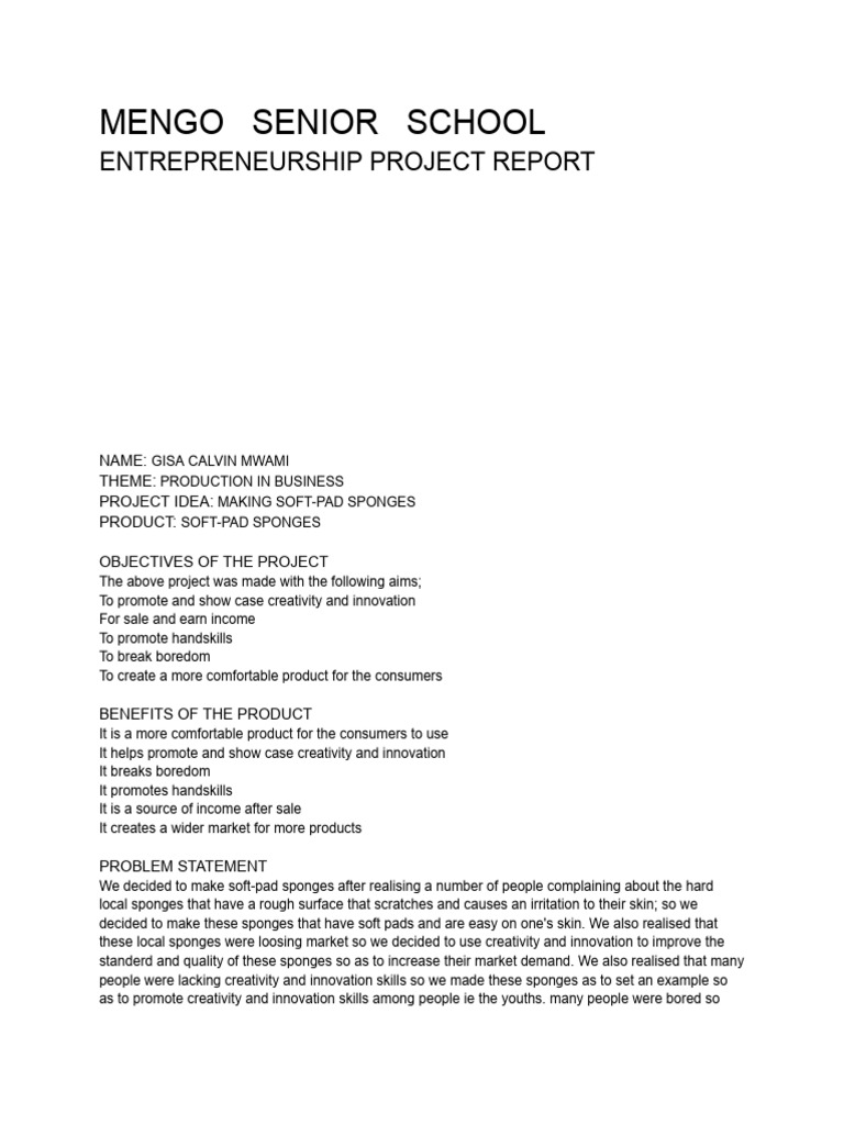 Entrepreneurship Project Report | PDF | Business | Career & Growth