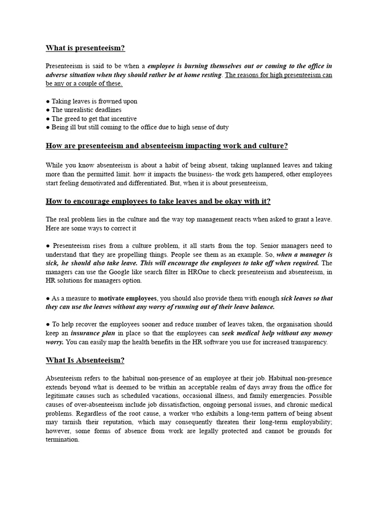 Presenteeism vs. Absenteeism Guide | PDF | Employment | Employee Relations