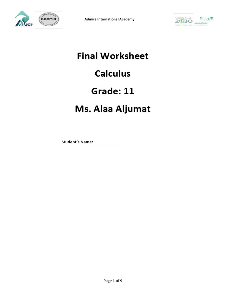 AK Final Worksheet Grade 11 AP Calculus | PDF | Mathematics | Calculus