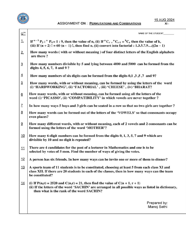 Assignment On Permutations and Combinations For Class XI by MS | PDF