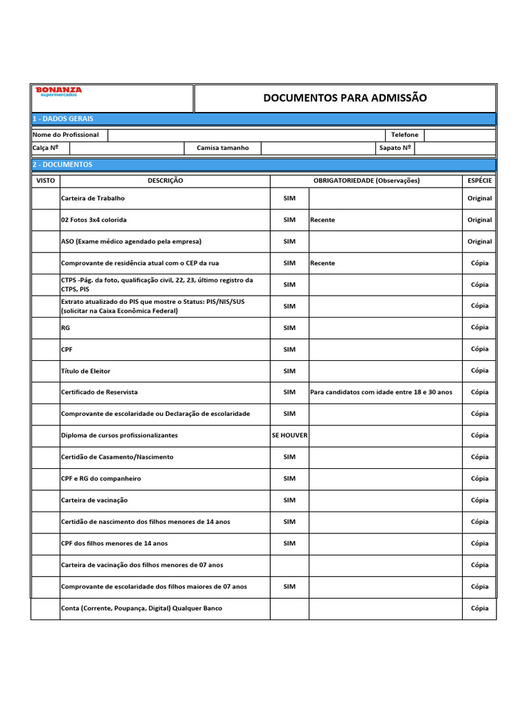 Documentos Admissão PDF | PDF