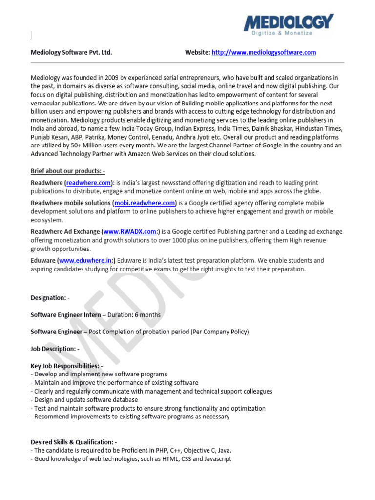 JD - Software Engineer Fresher (Intern) | PDF | Computing | Career & Growth JD - Software Engineer Fresher (Intern) | PDF | Computing | Career & Growth