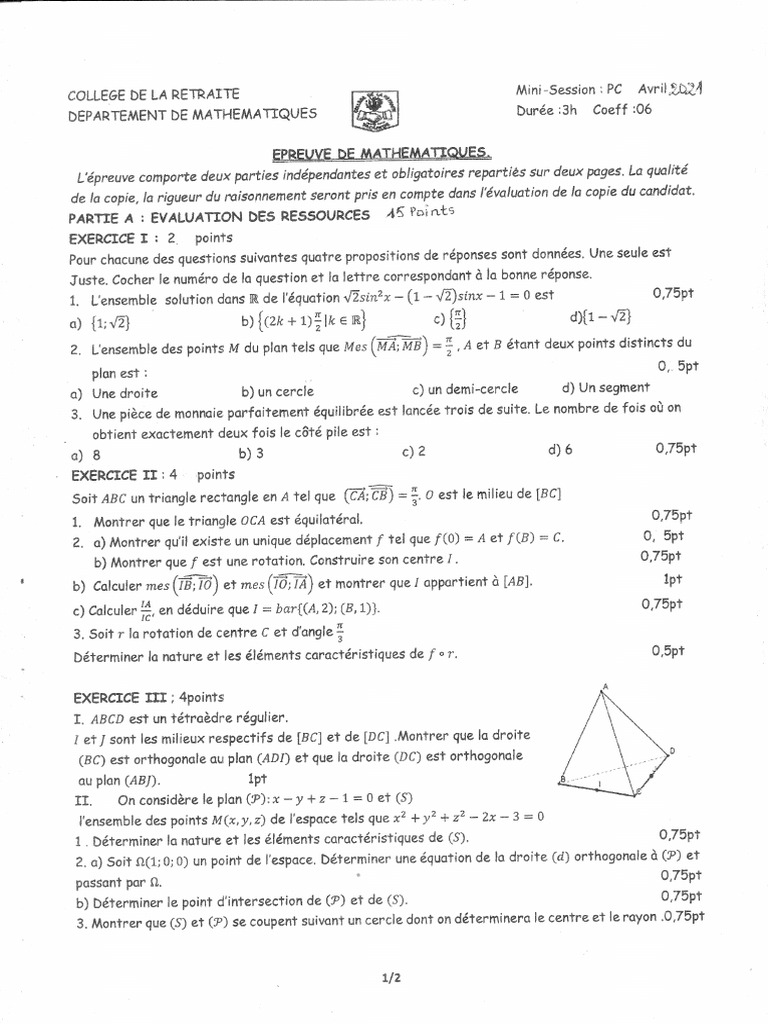 Coll La Retraite Mini Sess5 PC Maths 2021-1 | PDF