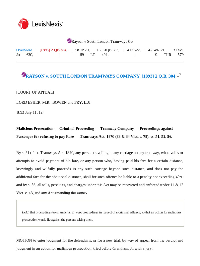 RAYSON v. SOUTH LONDON TRAMWAYS COMPANY. (1893) 2 Q.B. 304, (1893) 2 Q.B. 304 | PDF