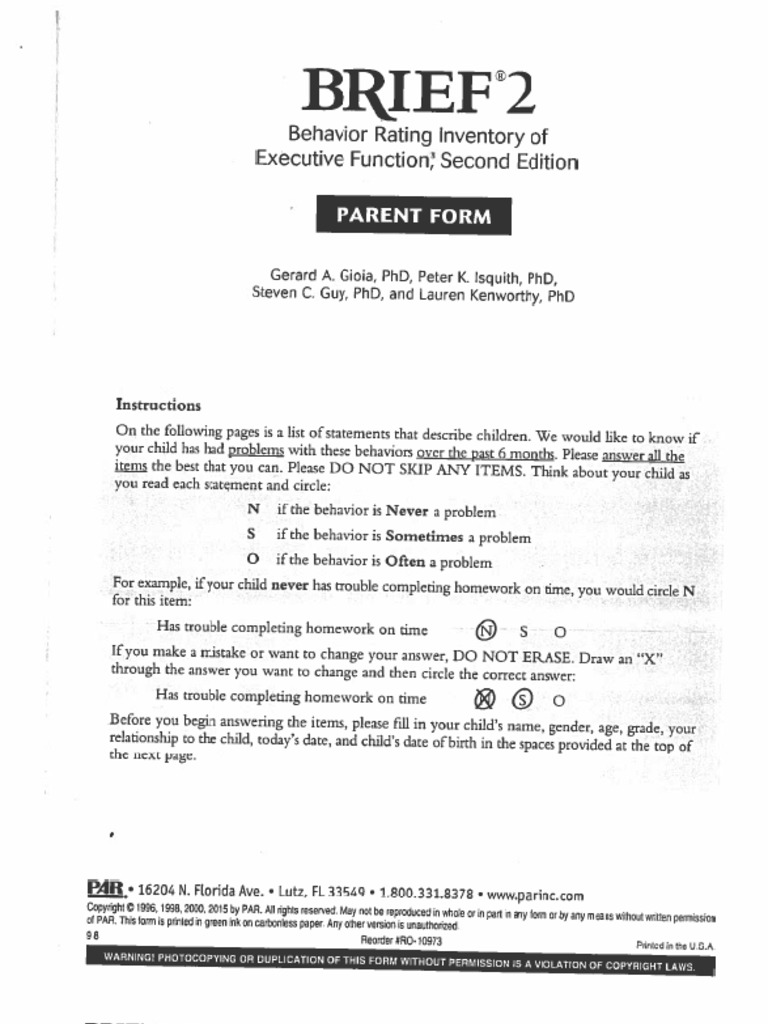 BRIEF2 Parent Report Form With Inside For Hand Scoring | PDF