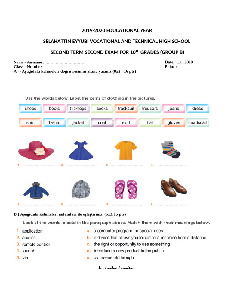 2019 2020 10 Sinif 2 Donem 2 Sinav B Grubu Tamami Kitaptan 83238 | PDF