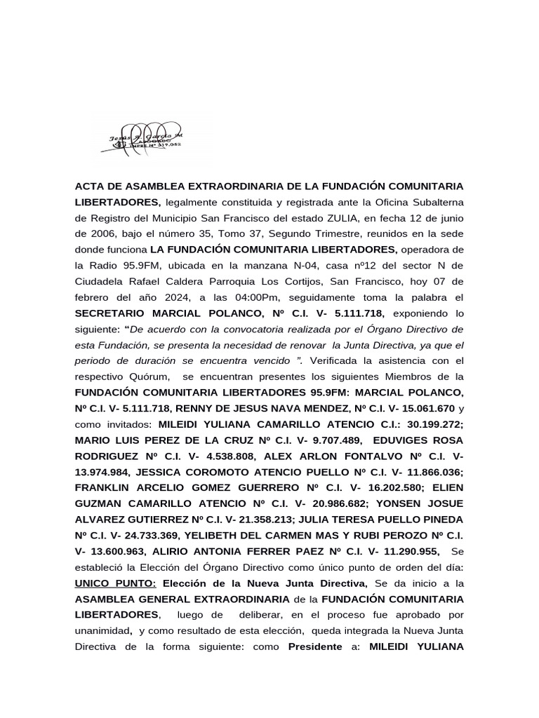 Acta de Asamblea Extraordinaria de La Fundación Comunitaria Libertadores Listo | PDF