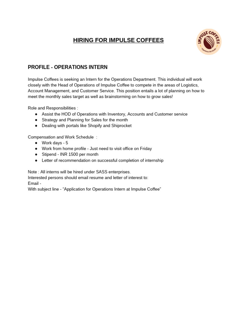 Operations Intern JD- Impluse Coffee | PDF
