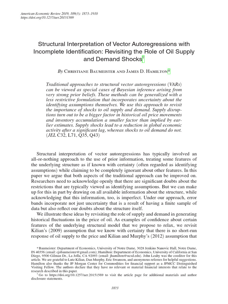 Baumeister Hamilton 2019 Structural Interpretation of Vector Autoregressions With Incomplete ...