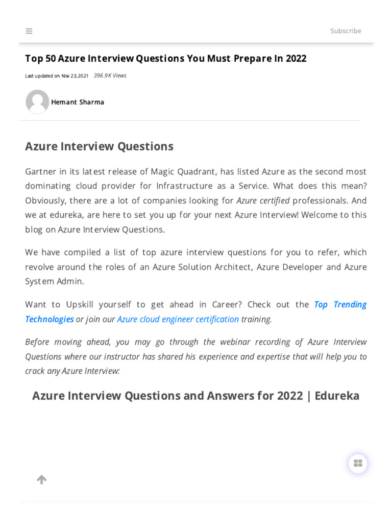 Top 50 Azure Interview Questions and Answers in 2022 - Edureka | PDF