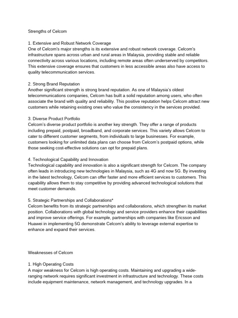 Strengths and Weaknesses of Celcom | PDF