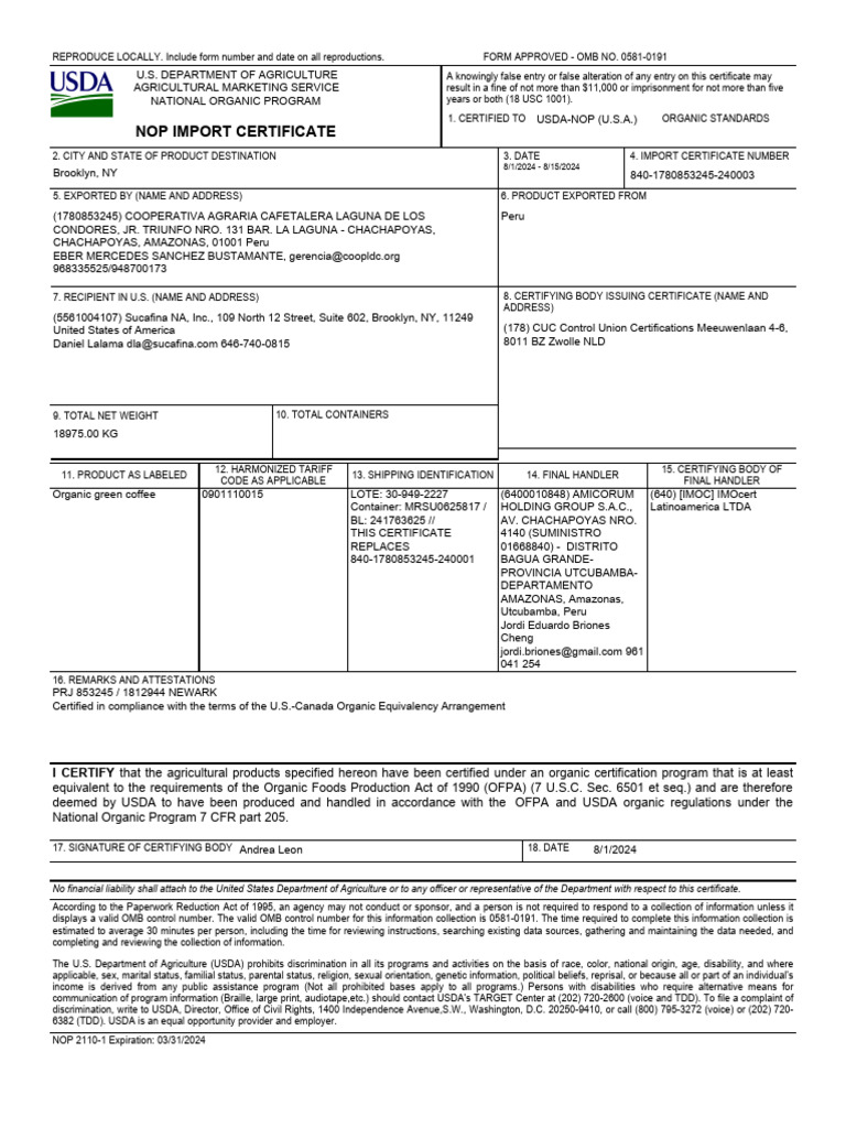 Organic Cert - C2C Peru, Coop Agraria Laguna, Sept24 | PDF | United ...