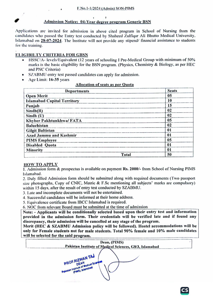 Admission Notice - Generic BSN | PDF