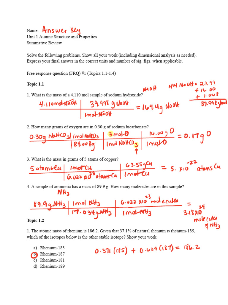 Answer Key Unit 1 Summative Review | PDF