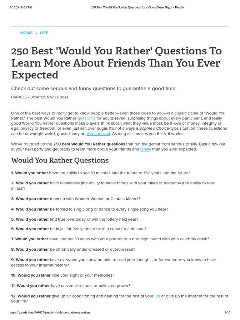 250 Best Would You Rather Questions For A Good Game Night - Parade | PDF