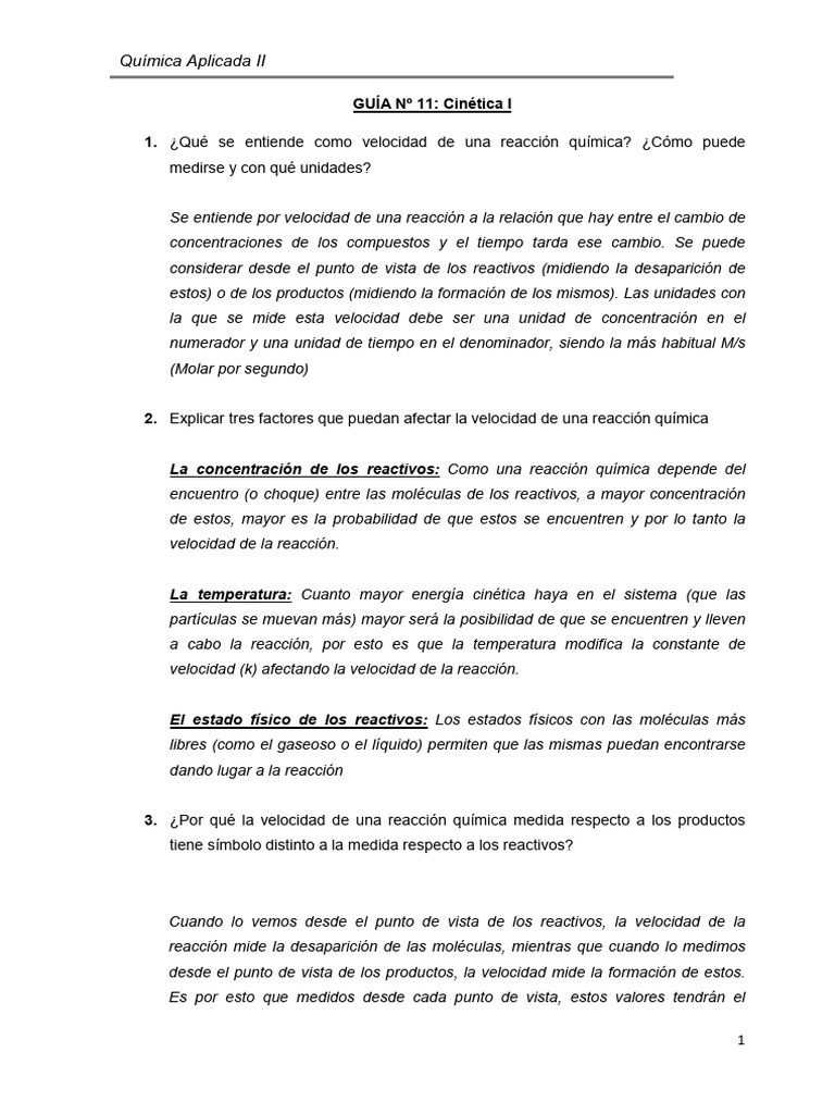 GUIA #11 Cinetica 1 Respuestas | PDF