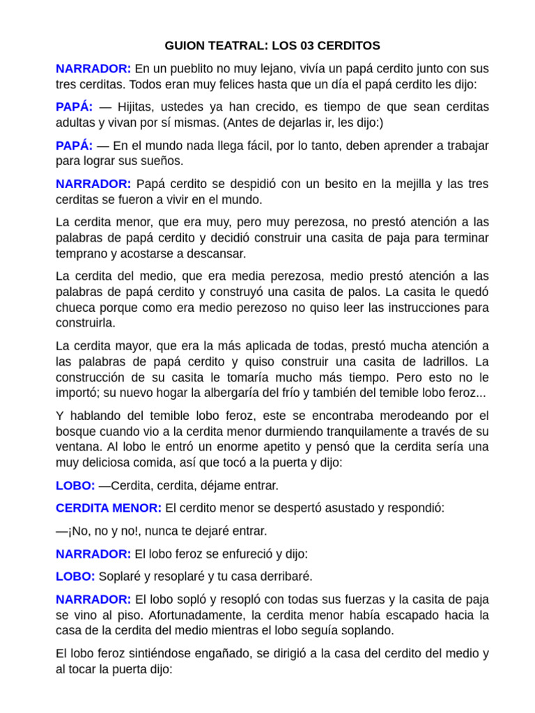 Guion Teatral: Los Tres Cerditos | PDF | Novela negra, policíaca y ...