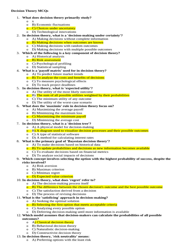 Decision Theory MCQs | PDF