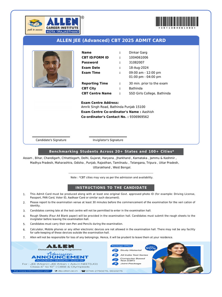 Allen Jee (Advanced) CBT 2025 Admit Card | PDF