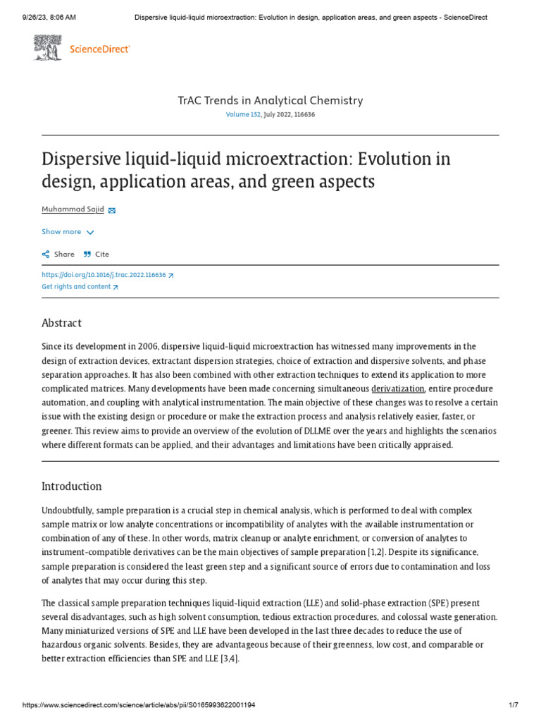 Dispersive Liquid-Liquid Microextraction - Evolution in Design, Application Areas, and Green ...