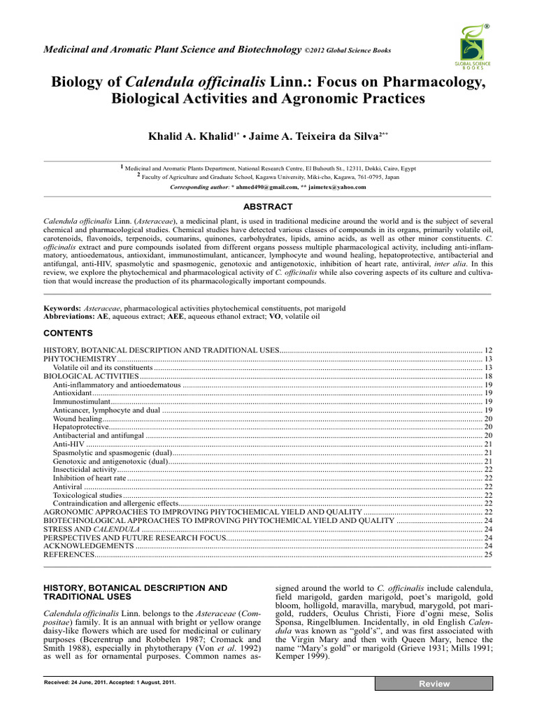 Calendula Officinalis: Biology of Linn.: Focus On Pharmacology ...