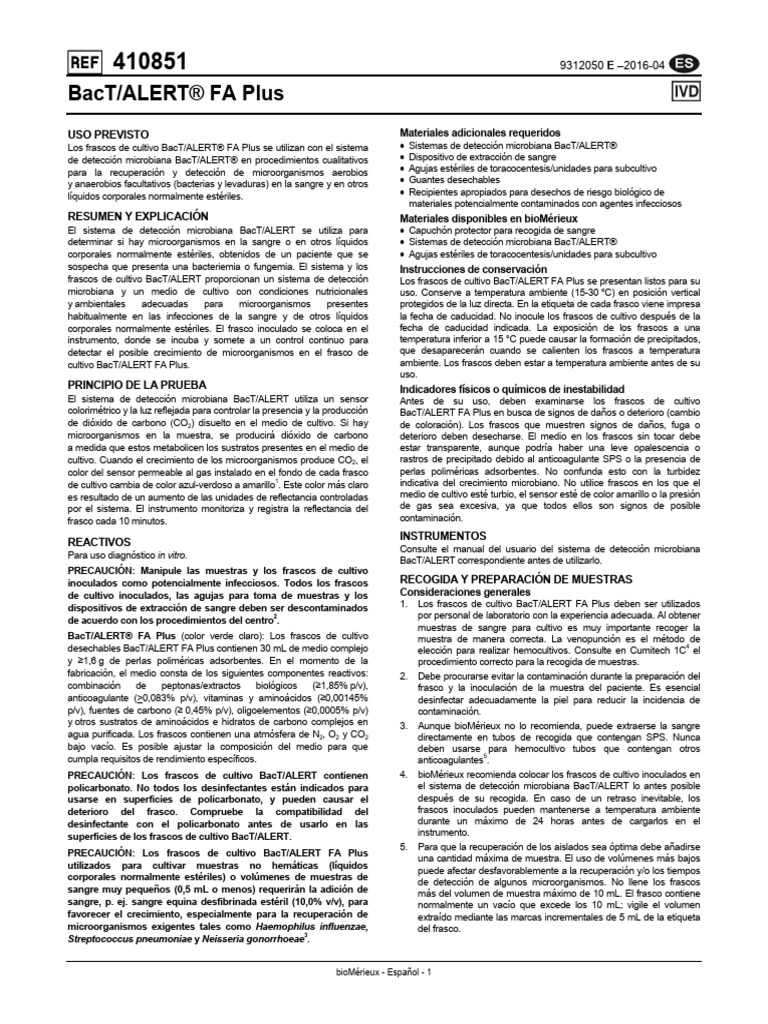 BacTALERT FA Plus - Package - Insert - 9312050 - E - Es - 410851 | PDF