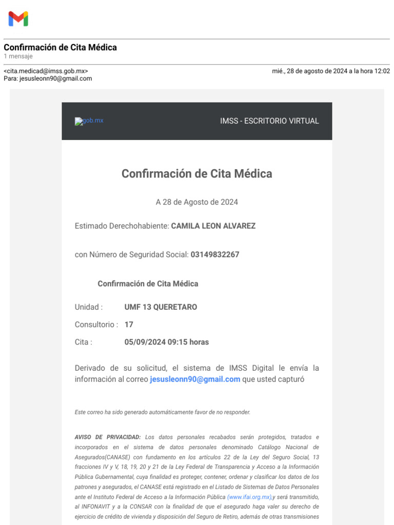 Gmail Confirmación De Cita Médica Pdf