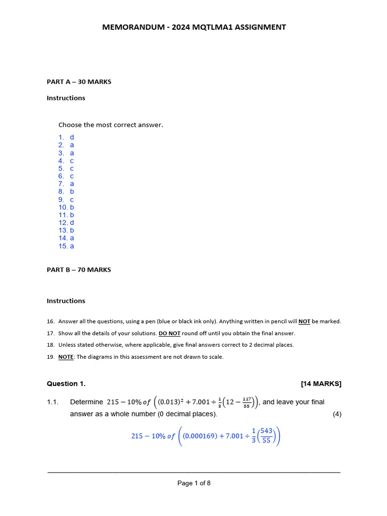Memo - 2024 MQTLMA1 Assignment | PDF | Profit (Economics) | Economic Surplus