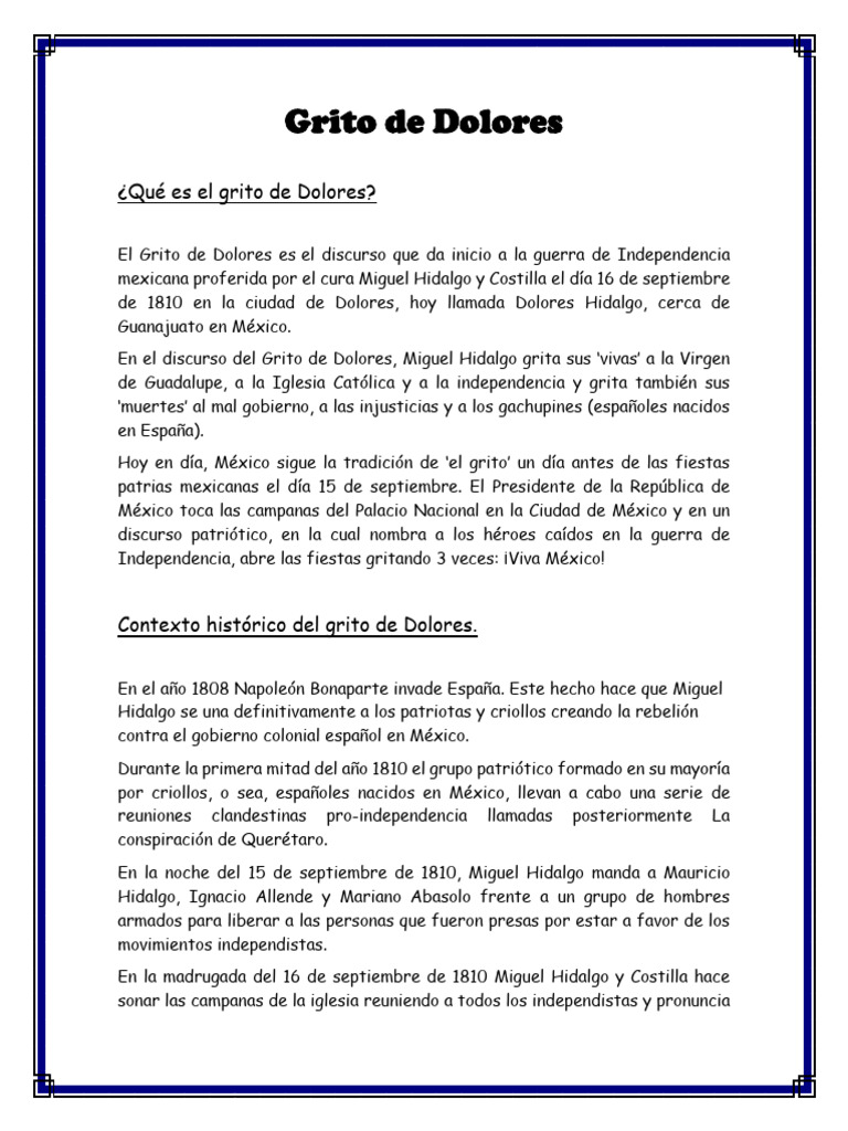 Grito de Dolores: Inicio de la Independencia | PDF | México colonial ...