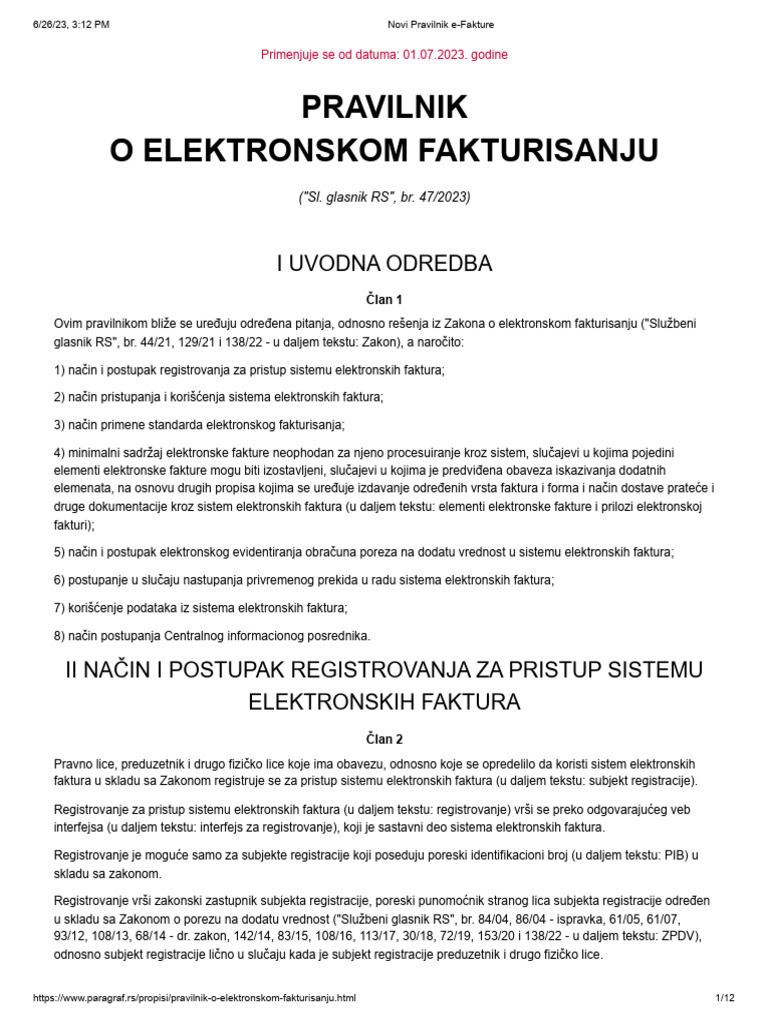 Pravilnik E-Fakture (2023) | PDF