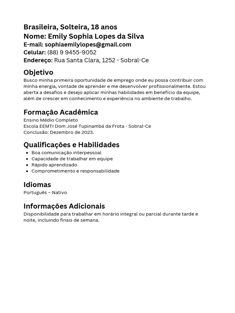 Currículo Emily Sophia Lopes 20240630 153547 0000 | PDF