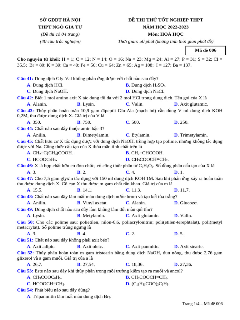 06. ĐỀ THI THỬ TN THPT 2023 - MÔN HÓA HỌC - THPT Ngô Gia Tự | PDF