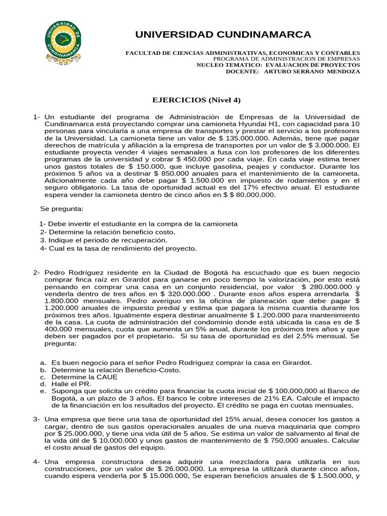 Ejercicios de Evaluacion de Proyectos Nivel 4 | PDF