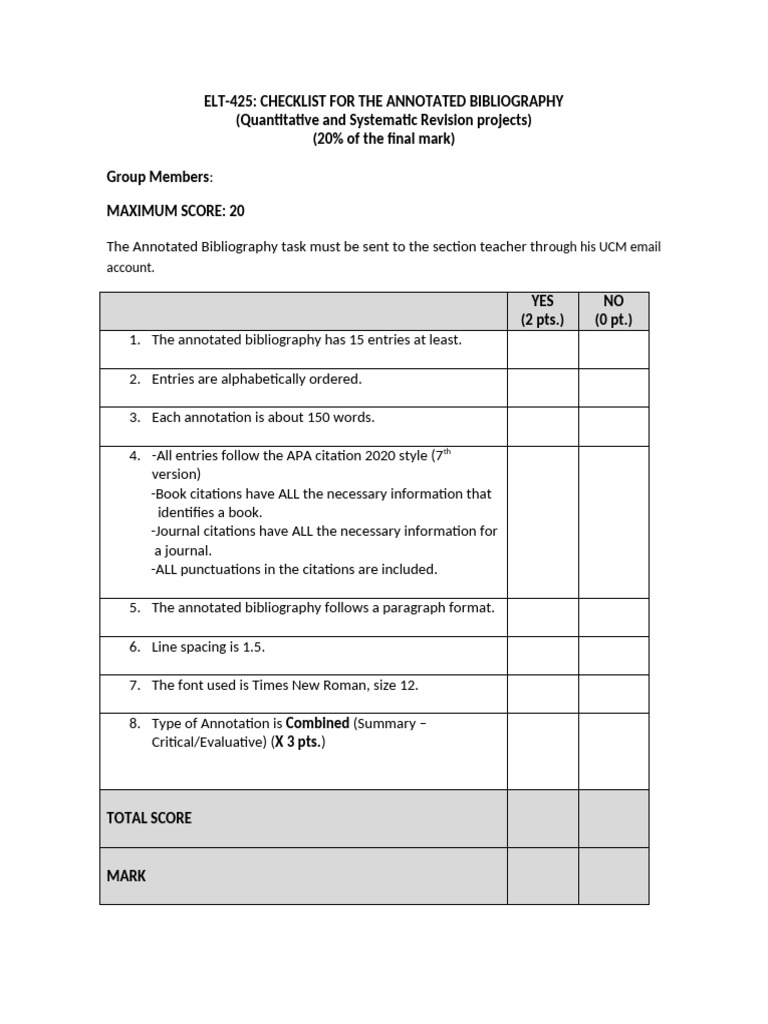 Checklist For The Annotated Bibliography-2023 | PDF