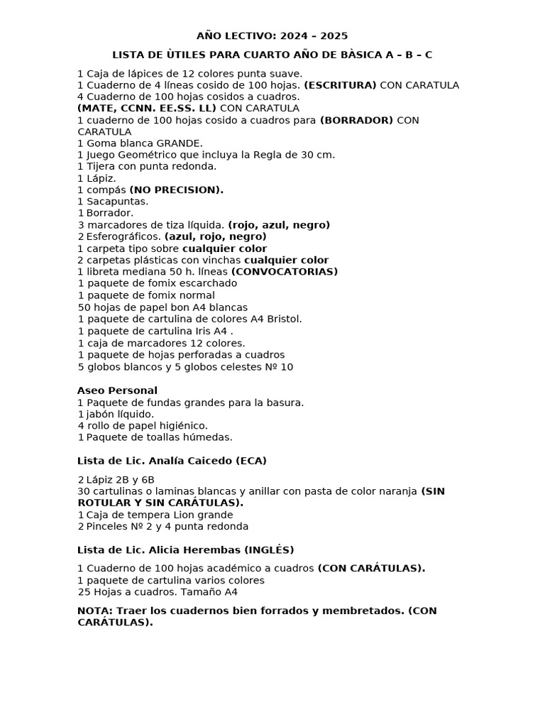 Lista de Utiles 2024 Cuartos Abc | PDF