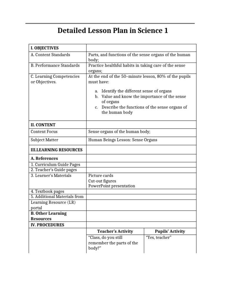 Sense Organ Detailed Lesson Plan Final 1 | PDF
