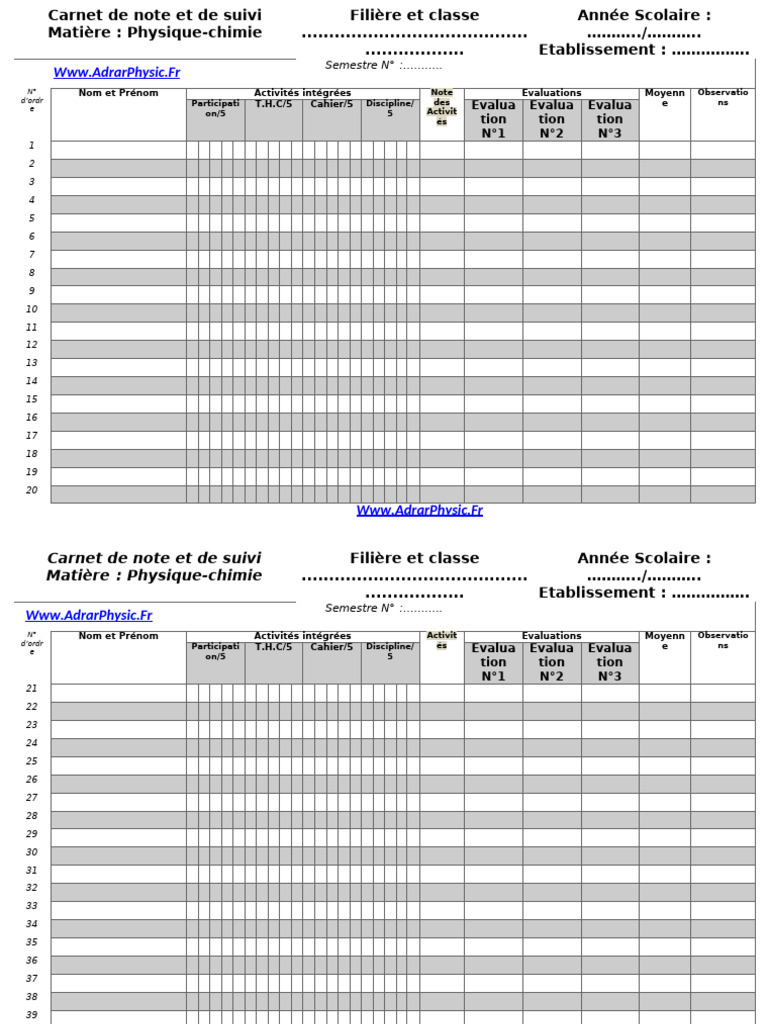 Carnet de Note Et de Suivi Matière Physique Chimie | PDF