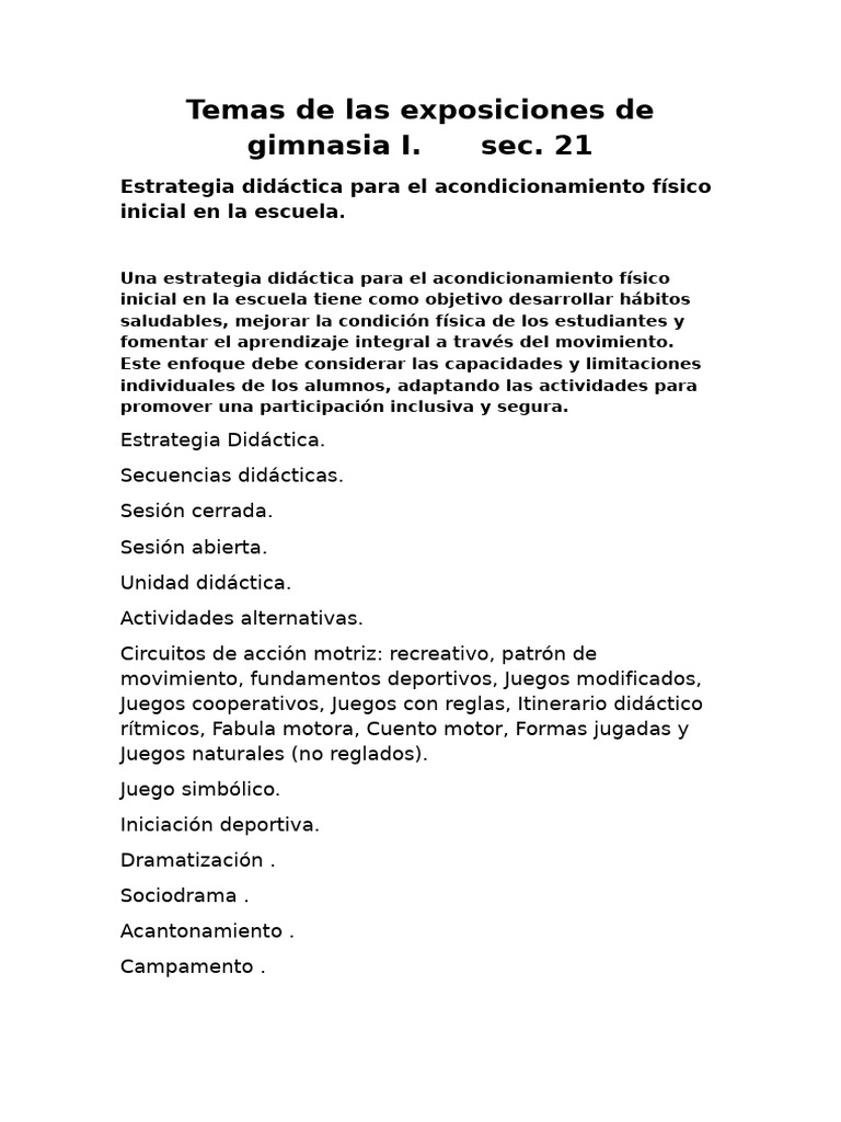 Temas de Las Exposiciones Gimnasia I Sec 21 | PDF