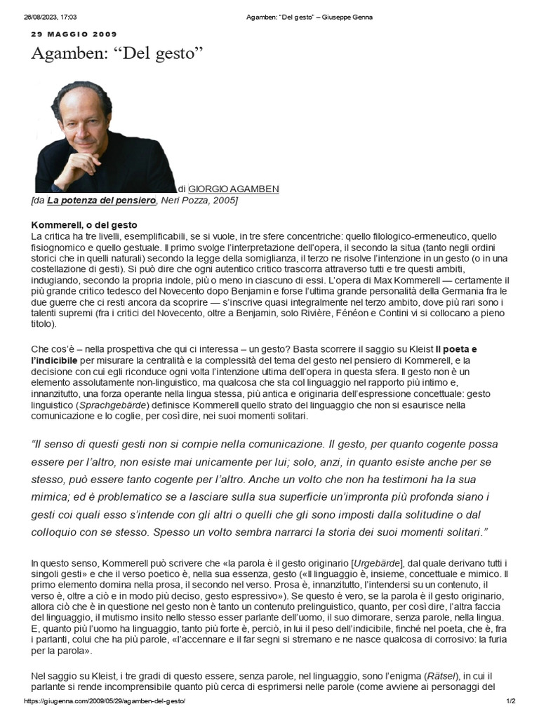 Agamben - "Del Gesto" - Giuseppe Genna | PDF