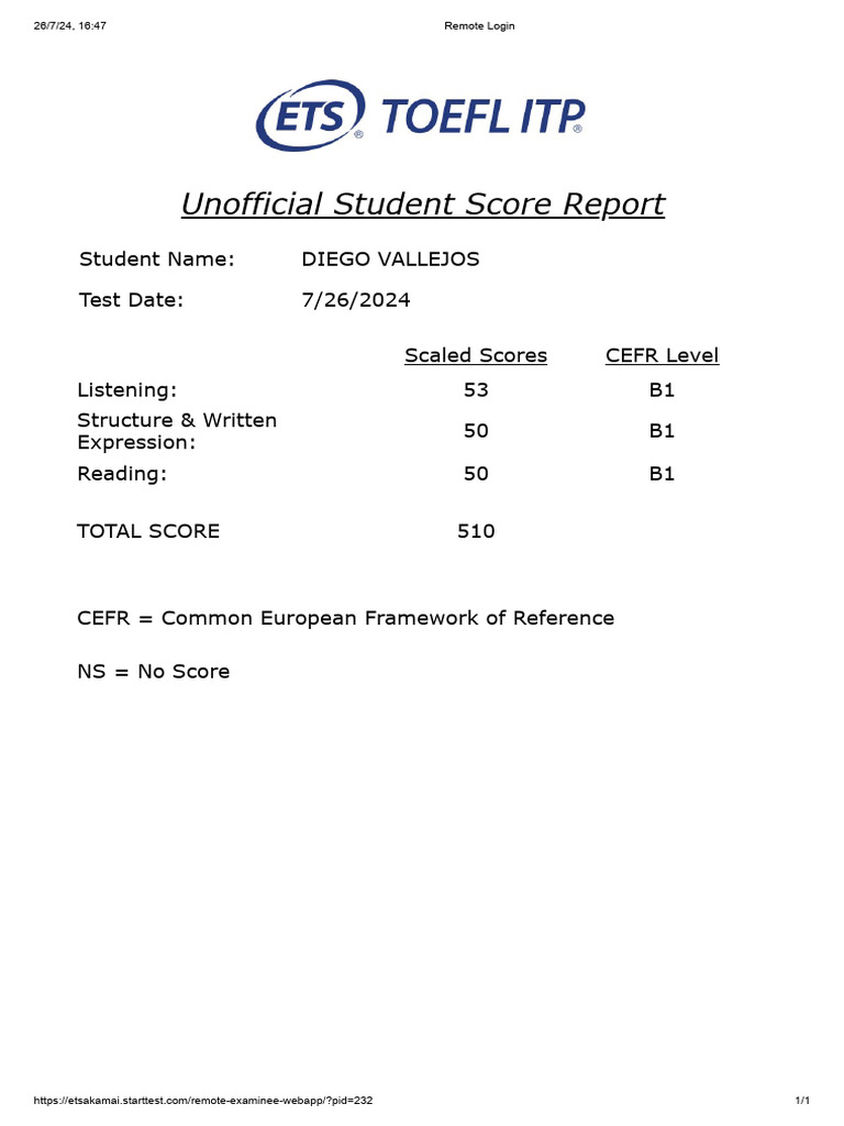 TOEFL RESULTADOS | PDF