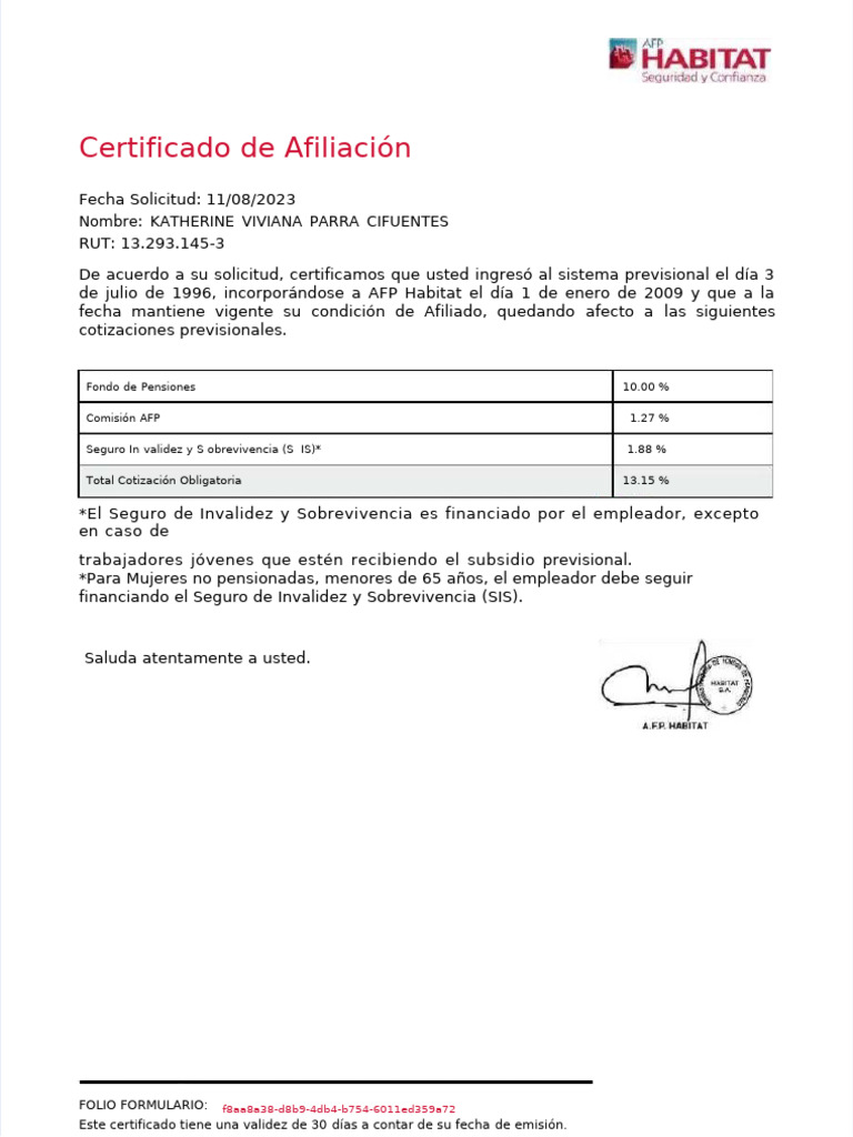 Certificado de Afiliación AFP Habitat | PDF | Finanzas y dinero