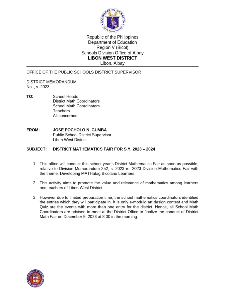 District Memo On District Math Fair | PDF