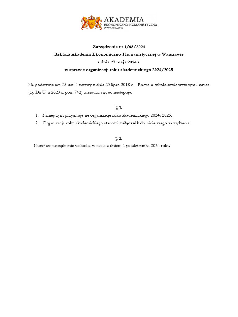 Załącznik Organizacja Roku Akademickiego 2024 - 2025 | PDF