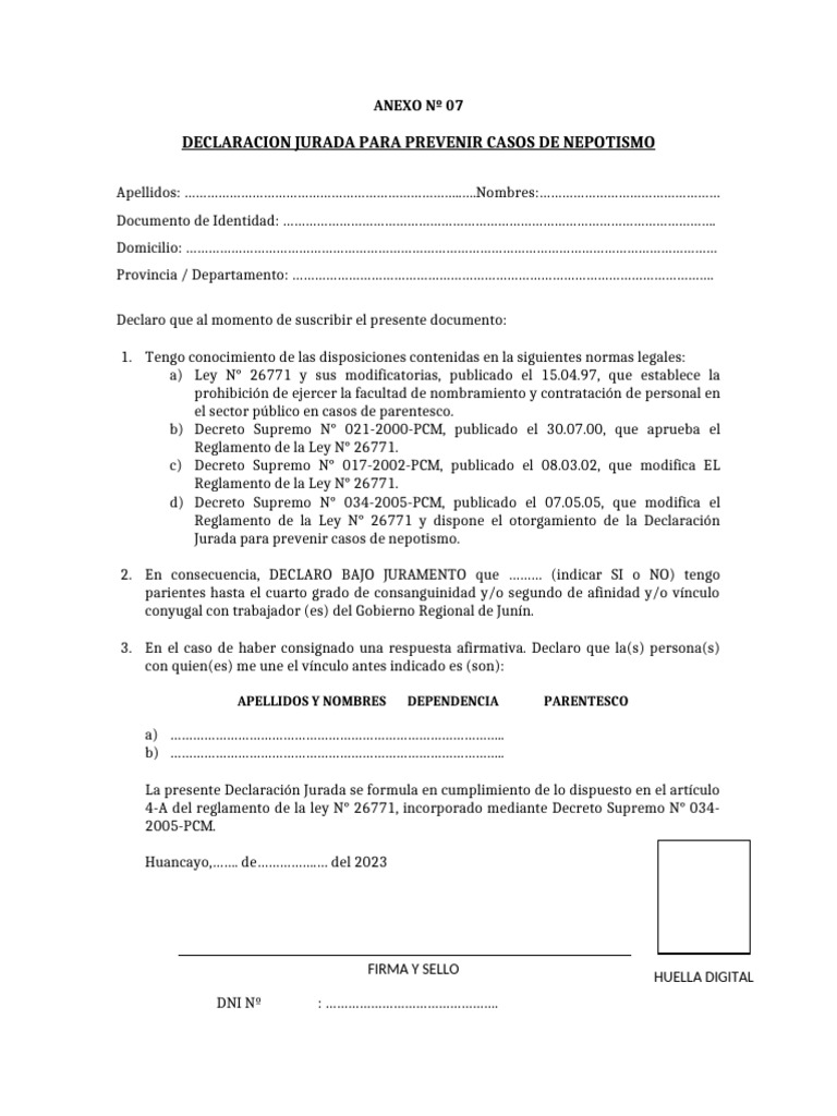 Anexo #07 - Declaracion Jurada para Prevenir Casos de Nepotismo | PDF
