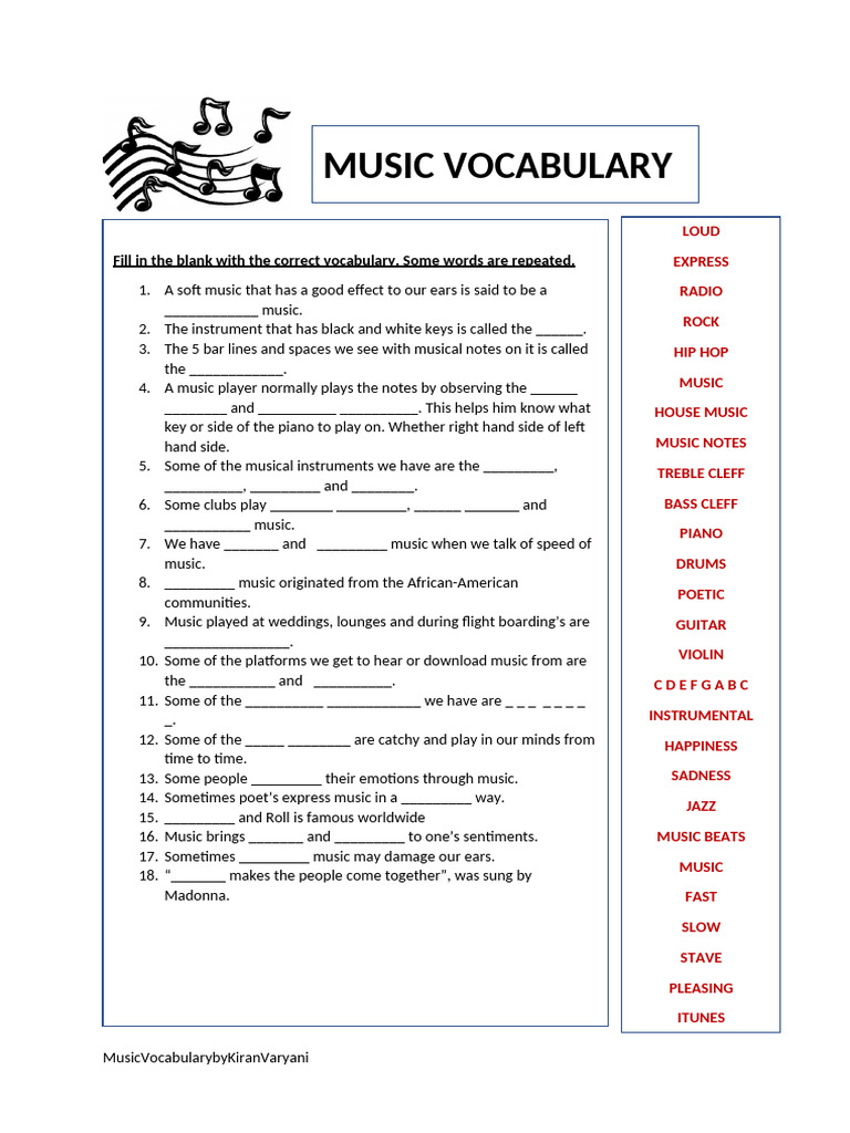 Music Vocabulary Worksheet Templates Layouts 132560 | PDF