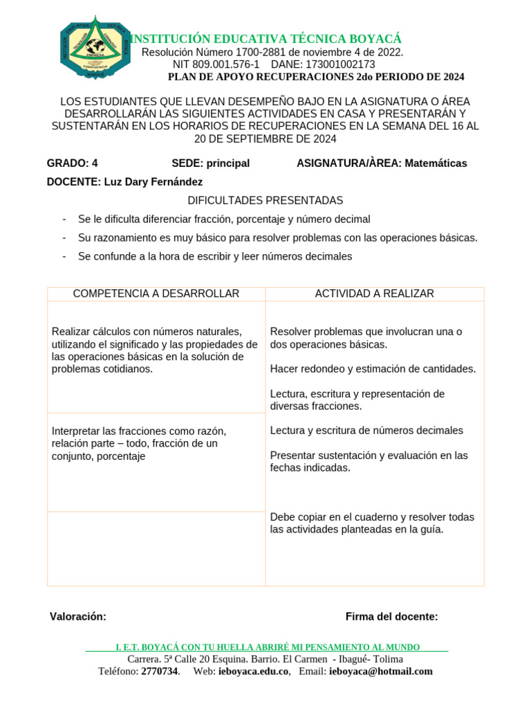 Plan de Apoyo 2º Periodo 2024 - Cuarto Matemáticas | PDF