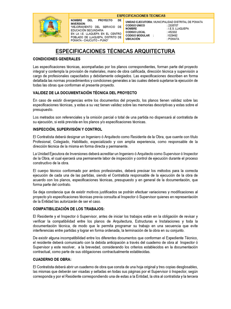 Especificaciones Tecnicas Arq. | PDF