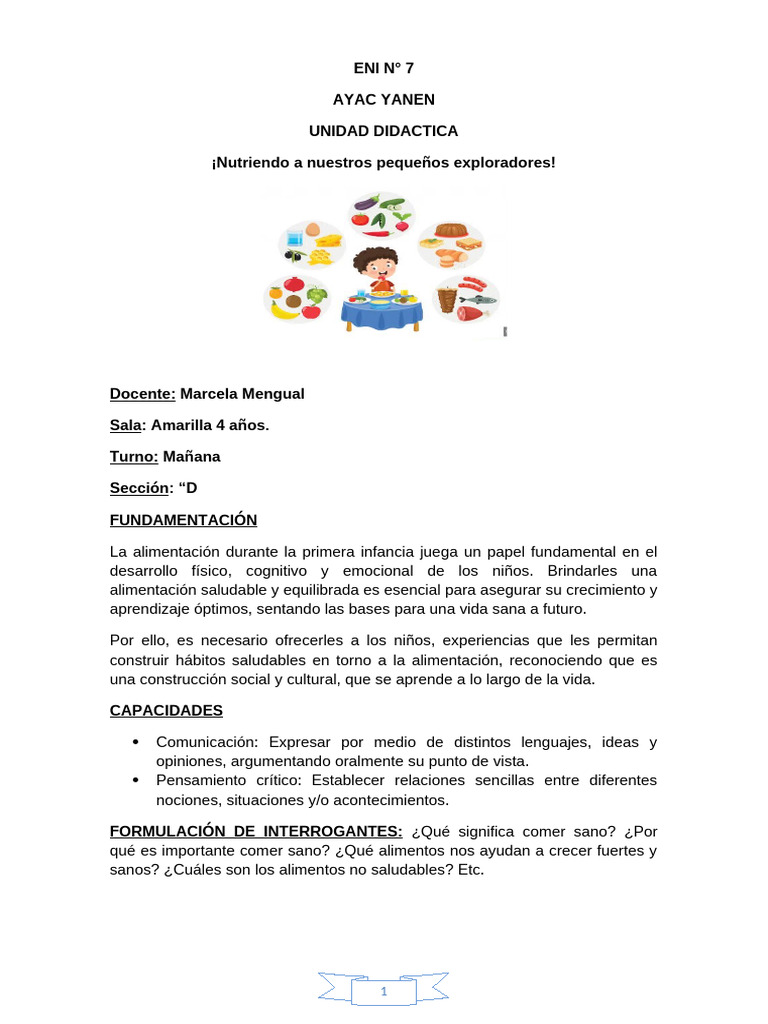 ¡Nutriendo A Nuestros Pequeños Exploradores! UNIDAD DIDACTICA | PDF