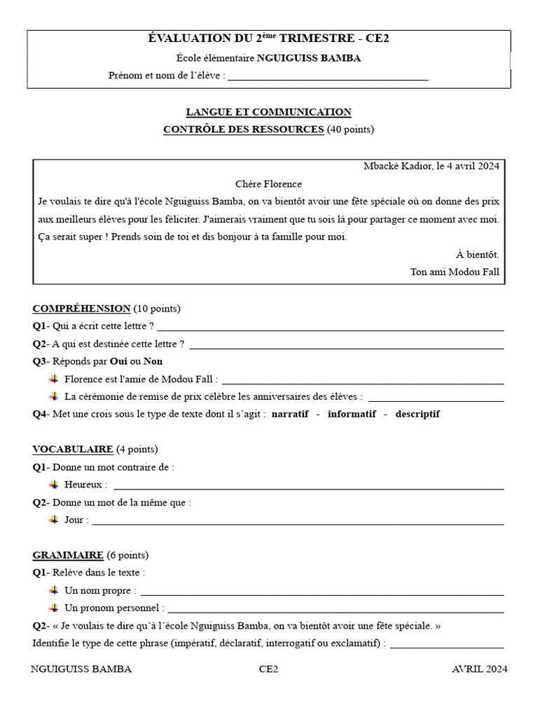 Evaluation du 2e TRIMESTRE CE2 2023-2024 | PDF
